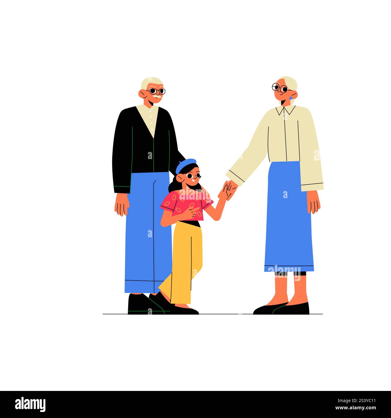 Elderly Couple With A Child In Flat Vector Illustration Symbolizing Family Bond, Generational ...