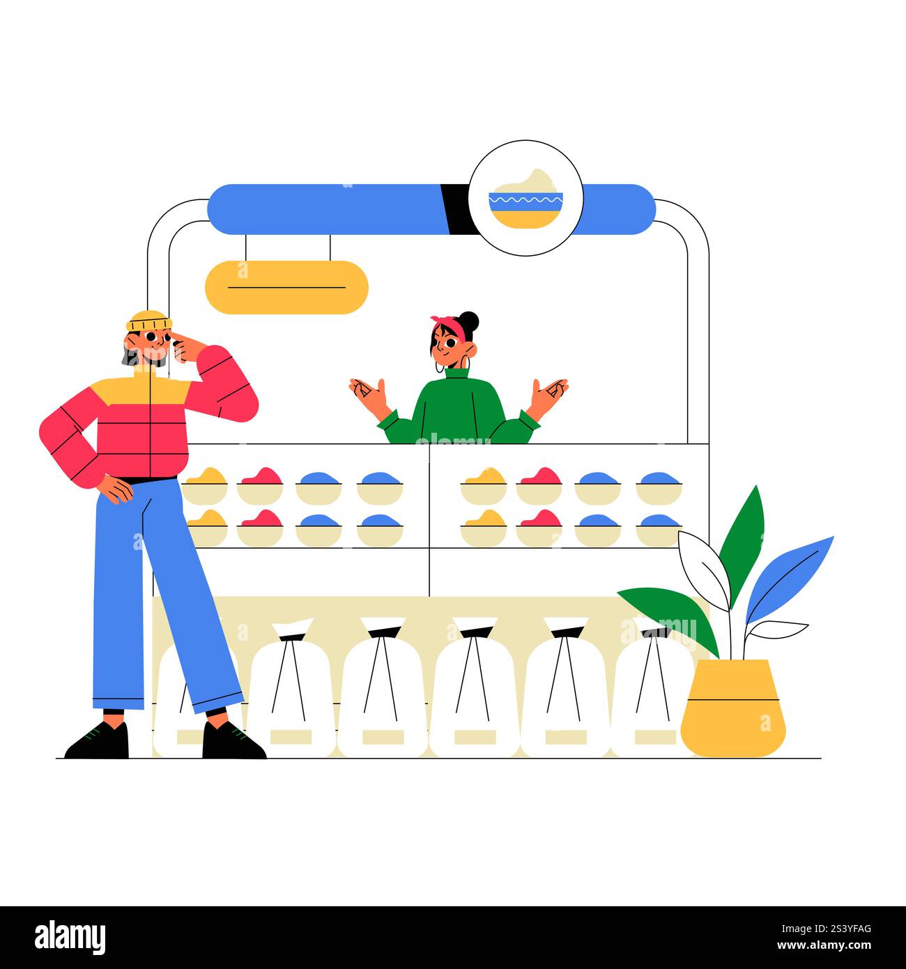 Farmers Market Scene With Female Vendor And Female Shopper, Flat Vector ...