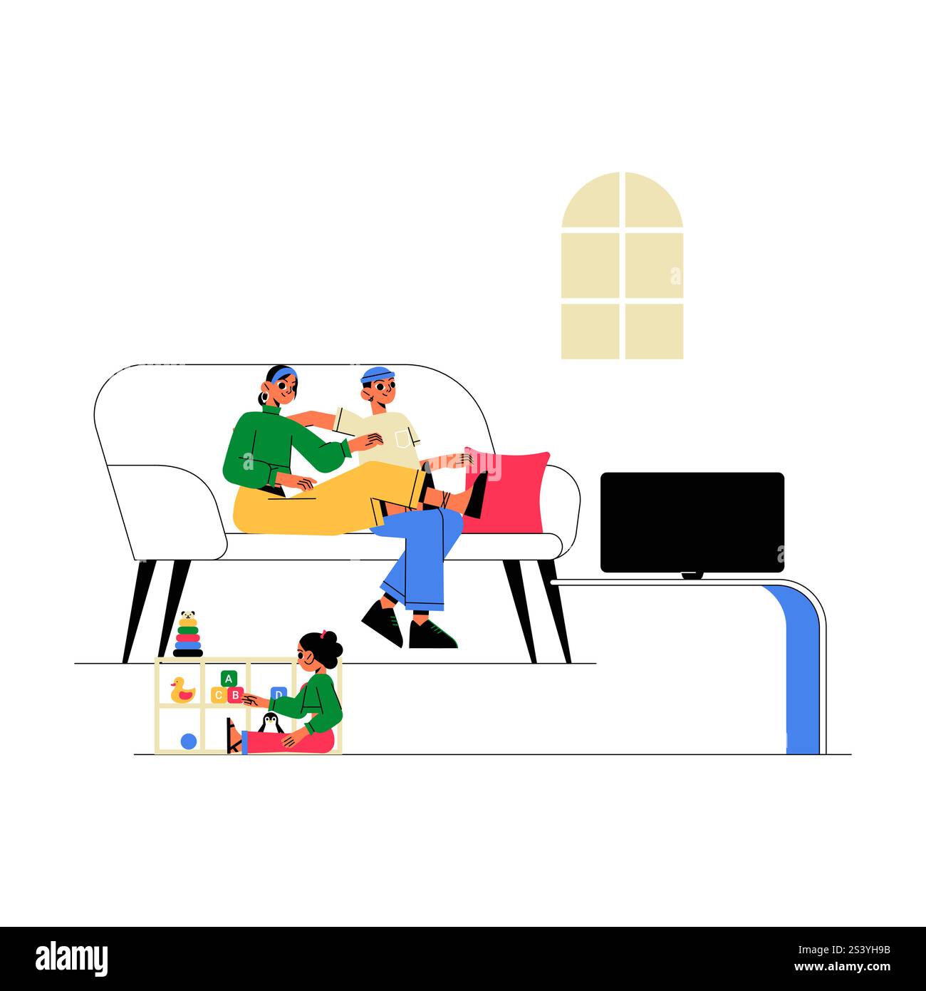 Family Watching Television While Child Plays With Toys In Flat Vector ...