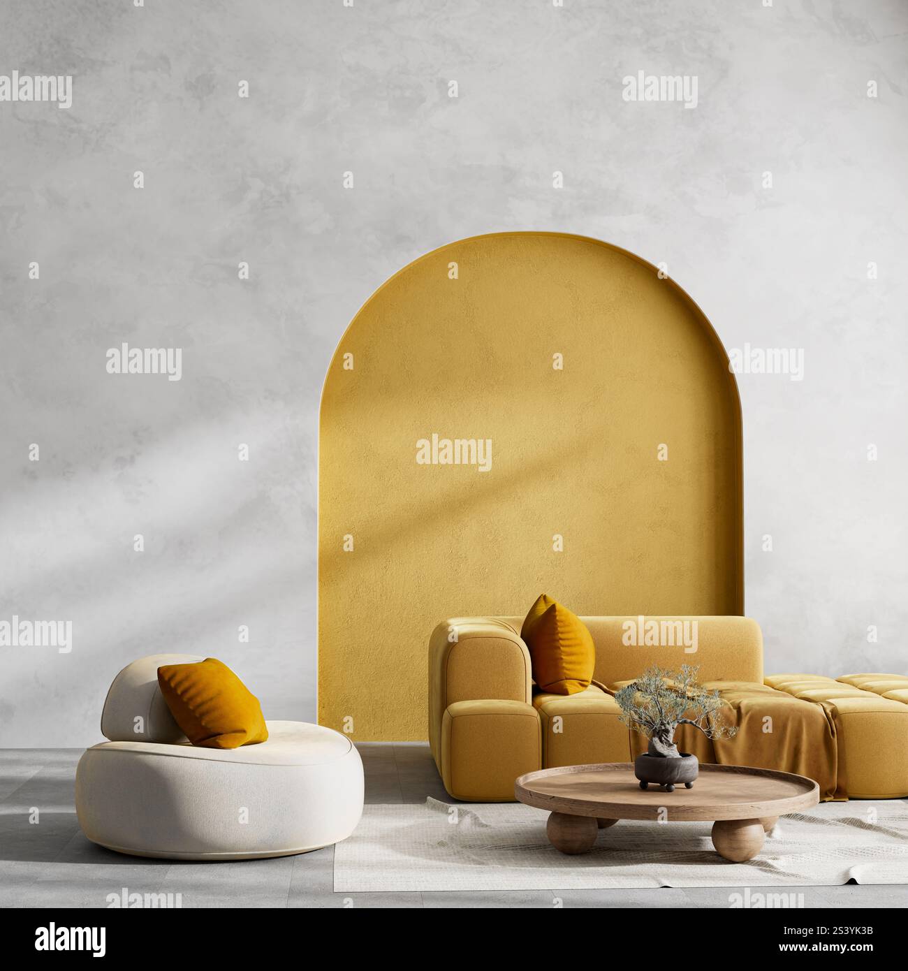 living room interior mock up, modern furnitures and decorative arch ...