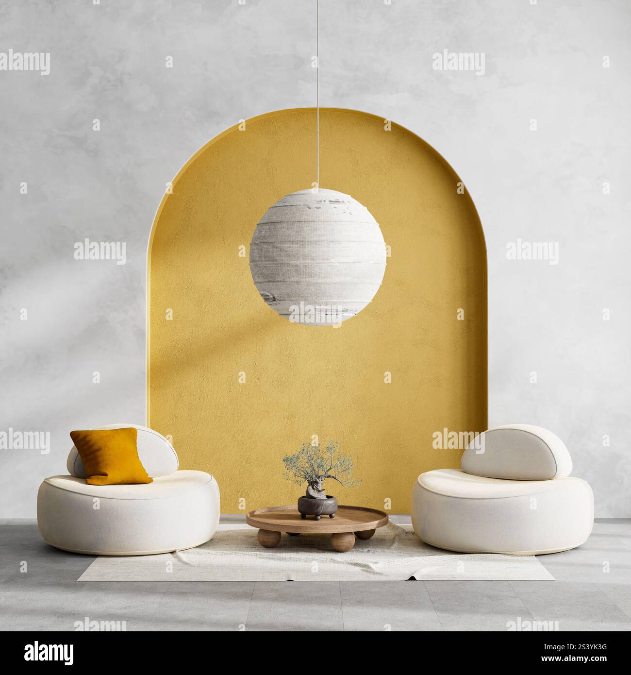 living room interior mock up, modern furnitures and decorative arch ...