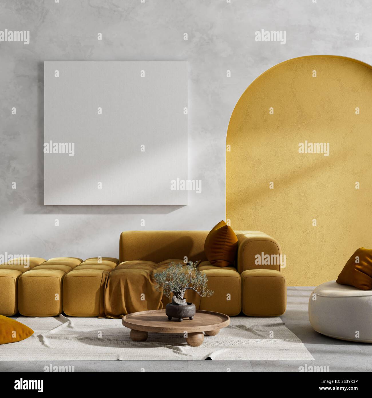 living room interior mock up, modern furnitures and decorative arch ...