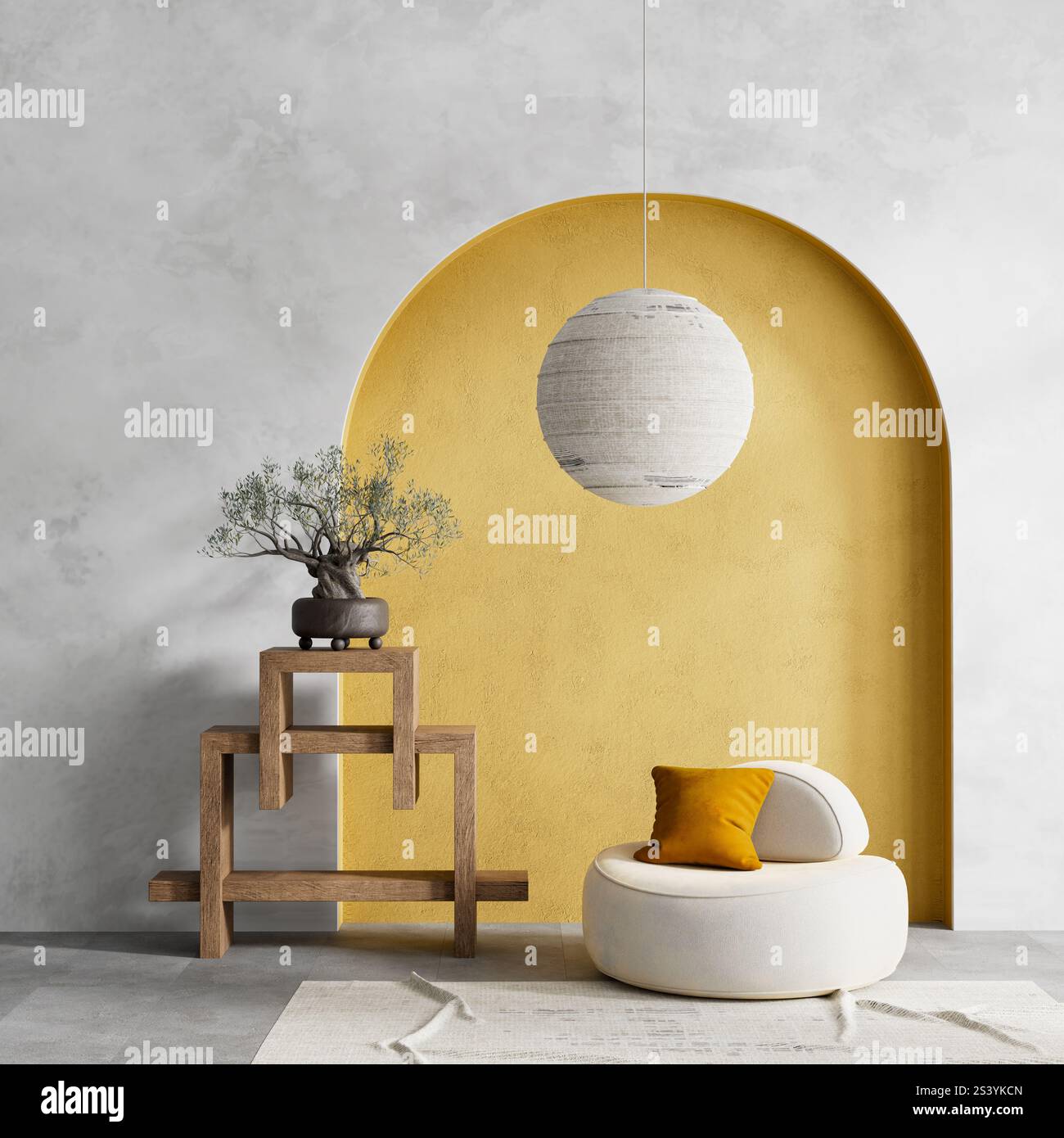 living room interior mock up, modern furnitures and decorative arch ...