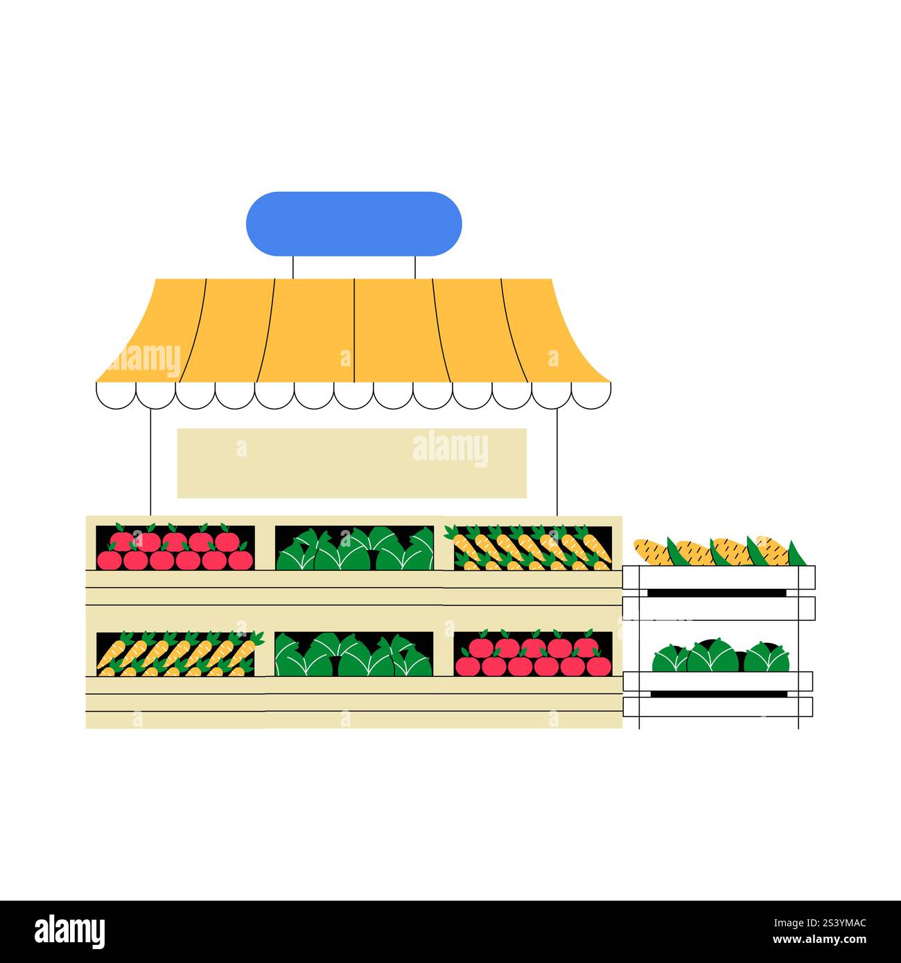 Empty Produce Stall Displaying Fruits And Vegetables, Flat Vector ...