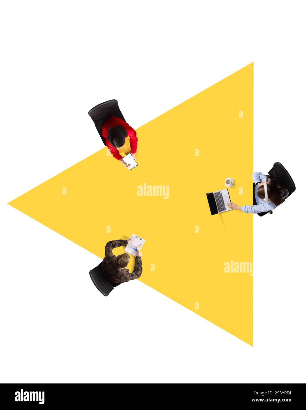 Conceptual graphic design. People sitting around yellow triangle, using ...
