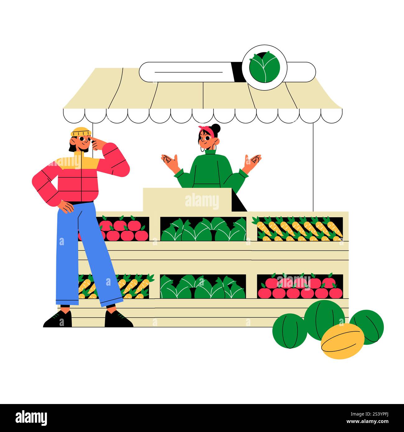 Produce Stand With Female Vendor And Female Shopper, Flat Vector ...