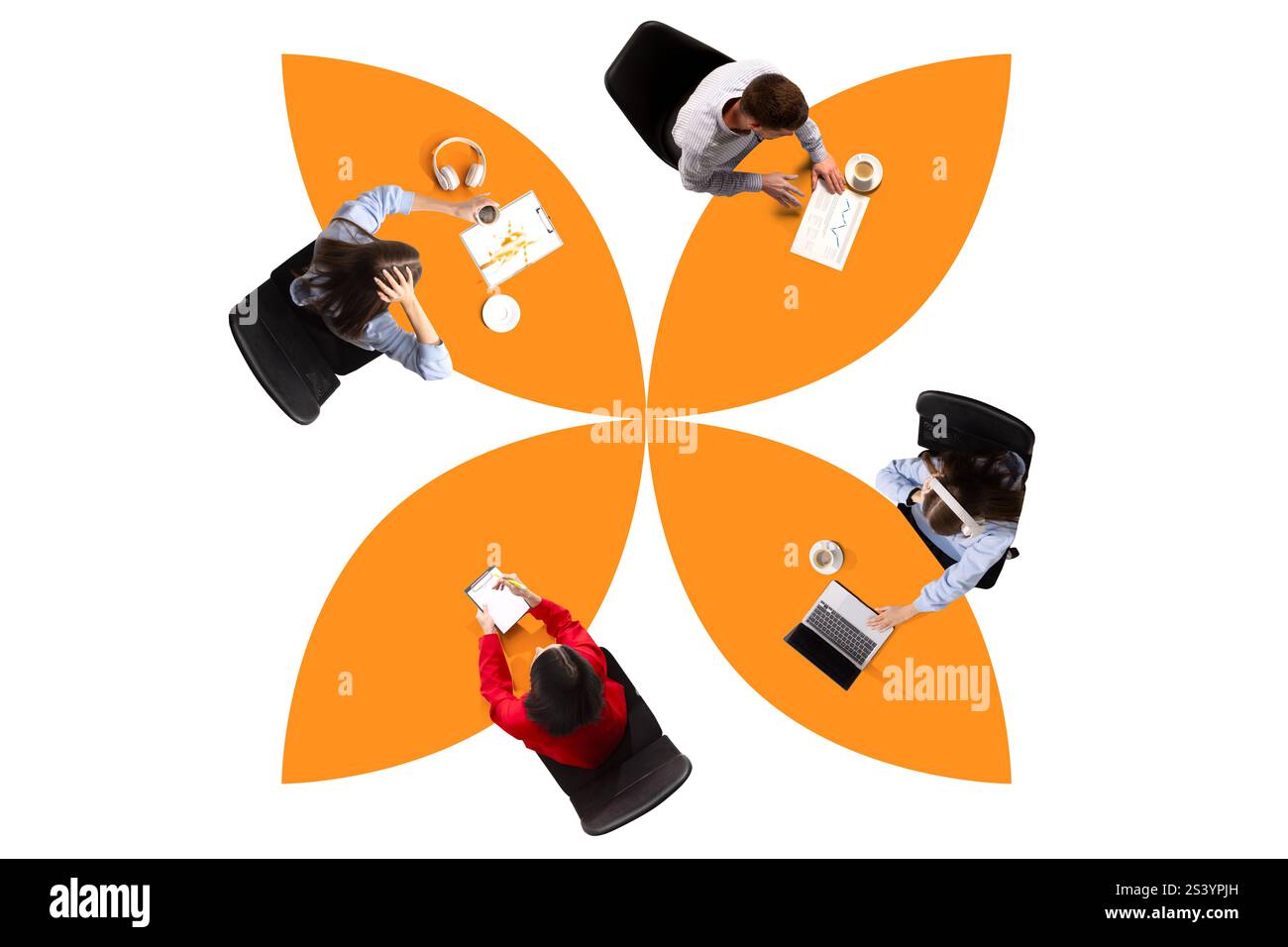 Conceptual graphic design. Four people sitting around orange floral ...