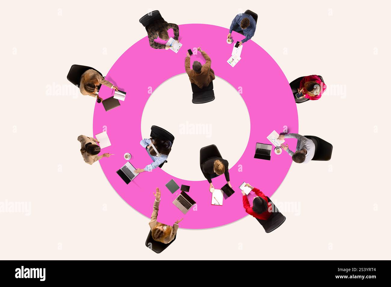 Conceptual graphic design. Group of people sitting around pink circular ...