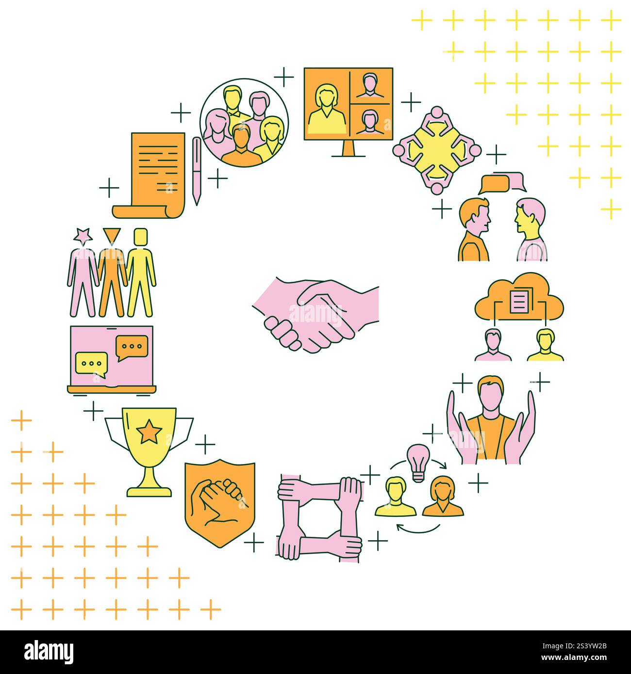 Cooperation and agreement round banner in line style. Business deal ...