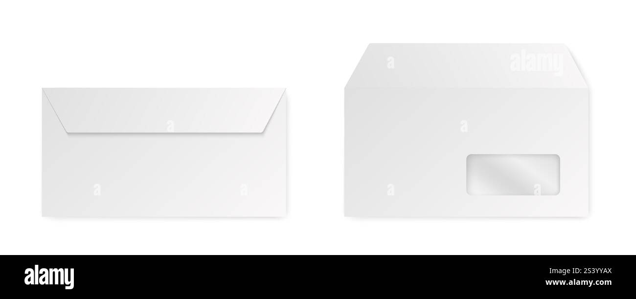 Set of realistic white envelopes in different positions. Folded and unfolded envelope backpack ...