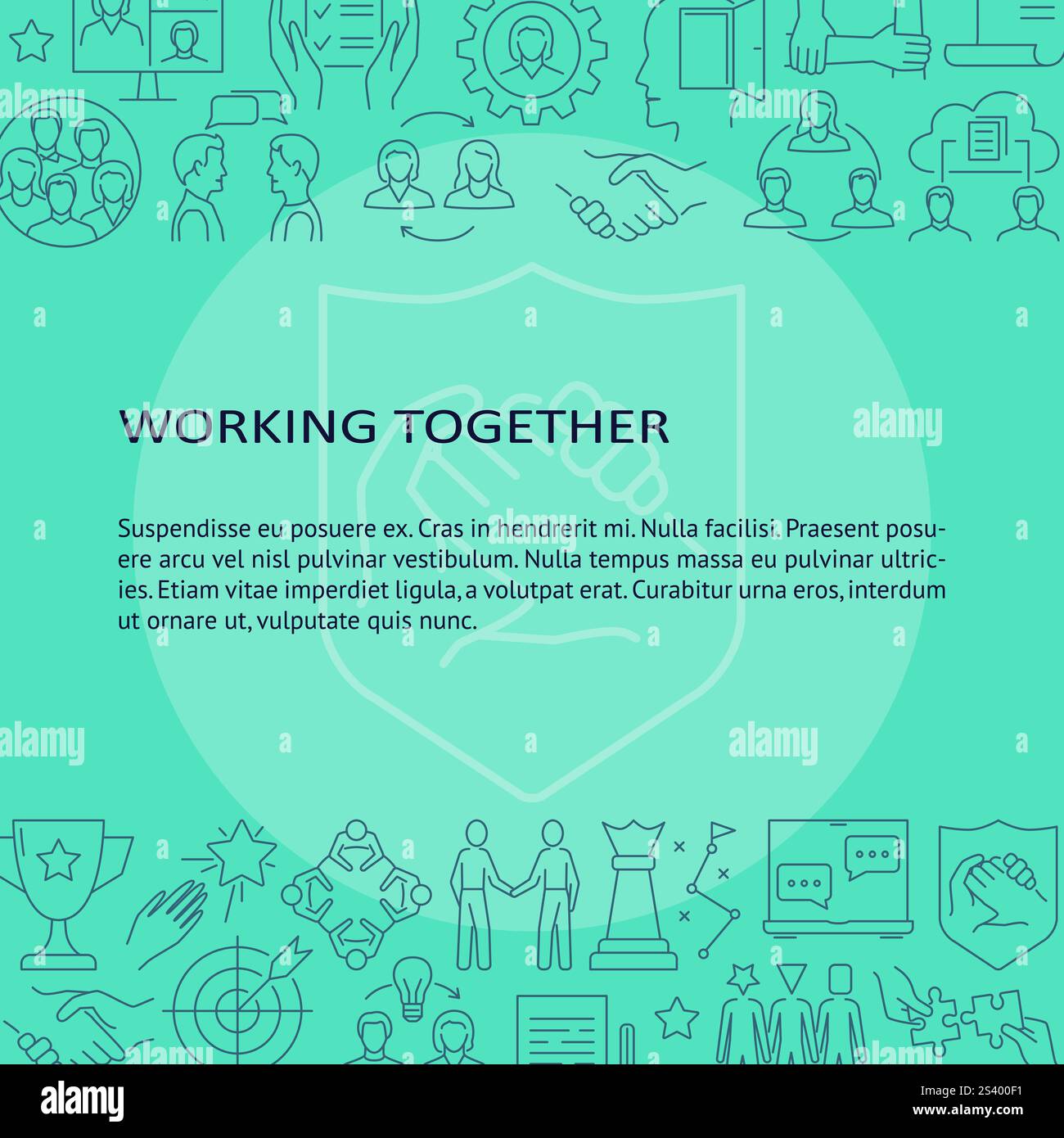 Working together poster template in line style. Team cooperation and ...