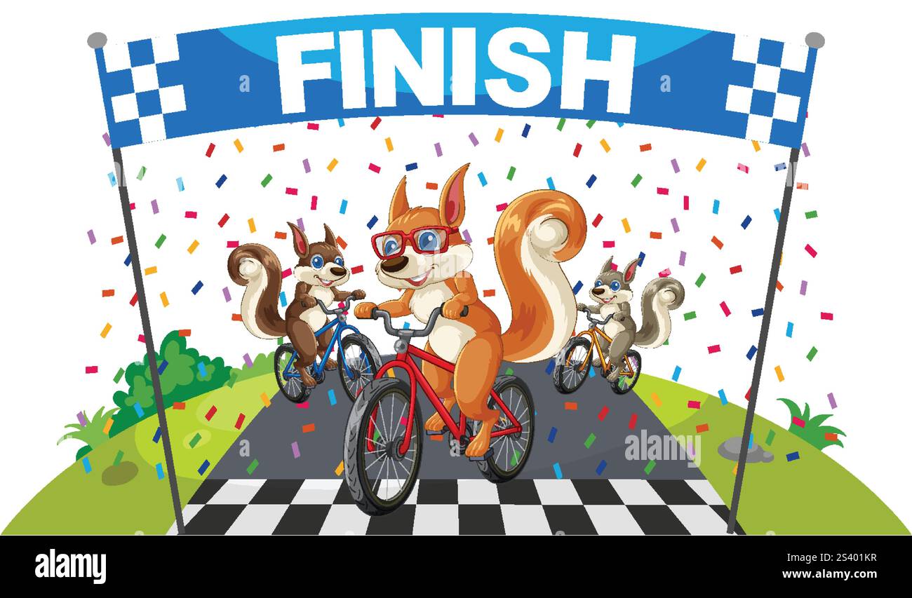 Squirrels racing bicycles under a finish line banner Stock Vector Image ...