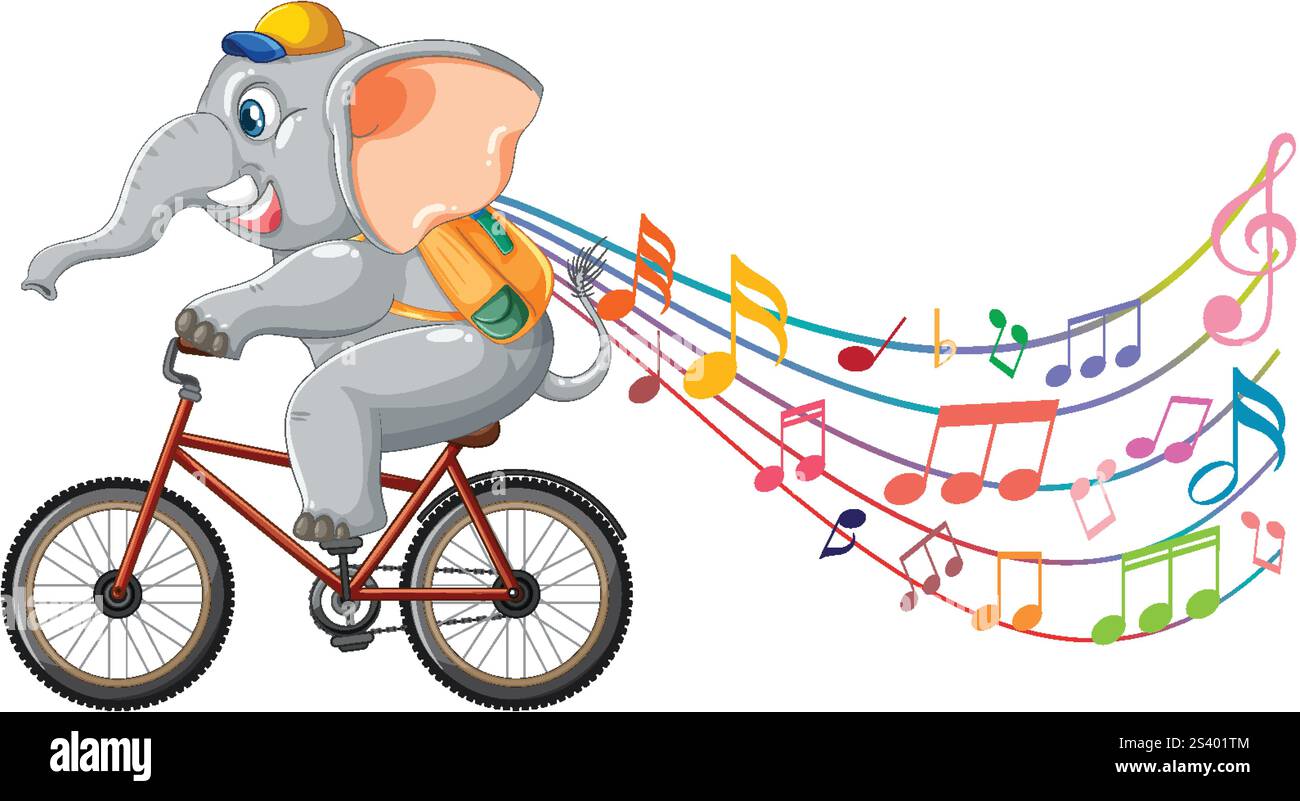 Elephant on bike with colorful music notes trailing Stock Vector Image ...