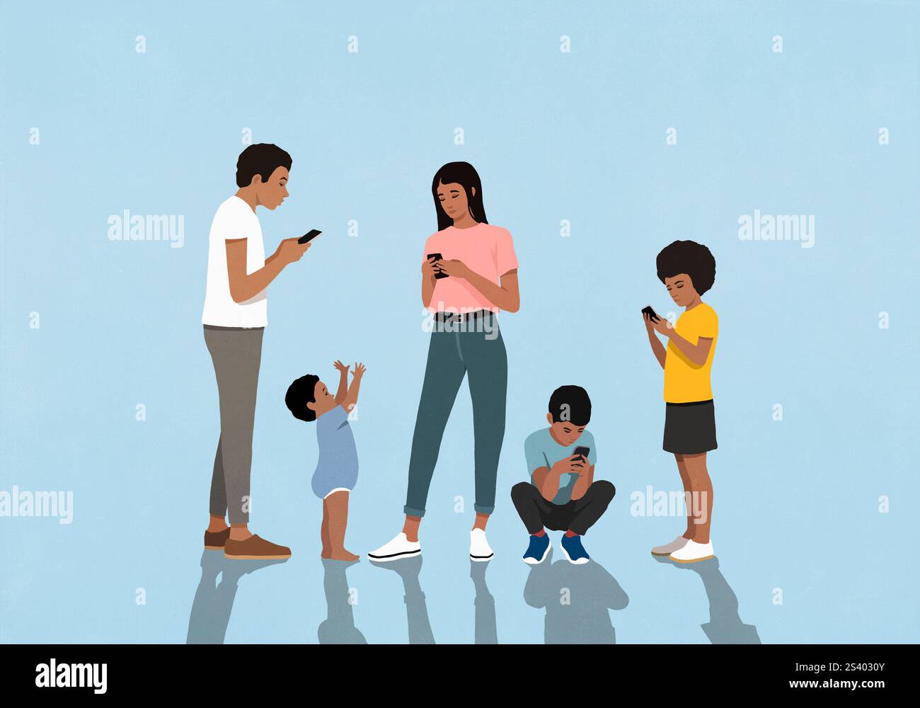 Baby reaching for distracted parents and siblings texting with smart ...