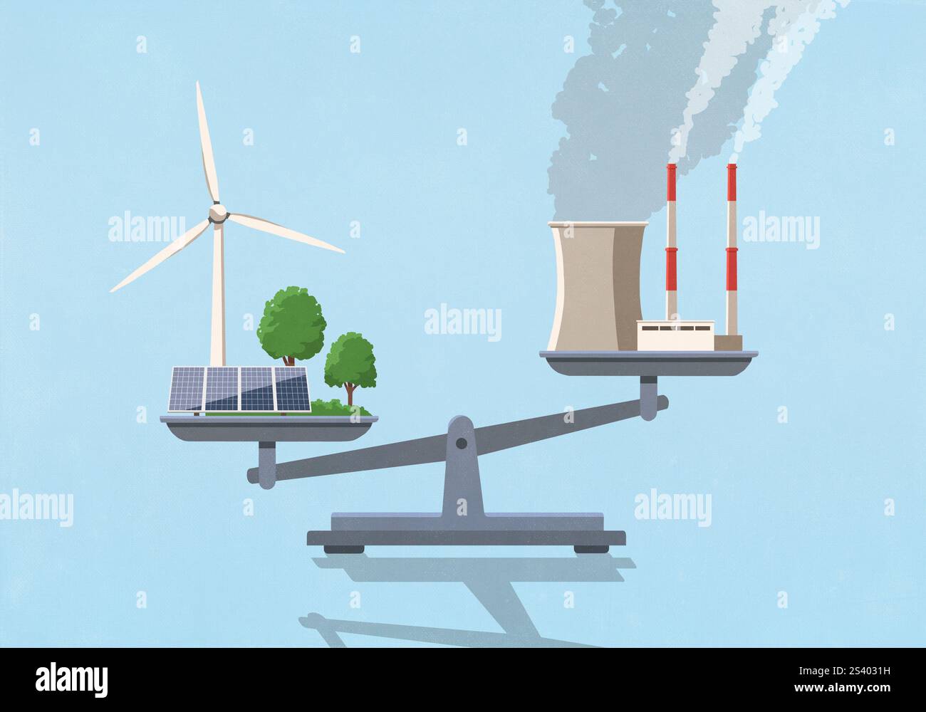Green energy tipping scale with factory pollution on opposite end Stock ...