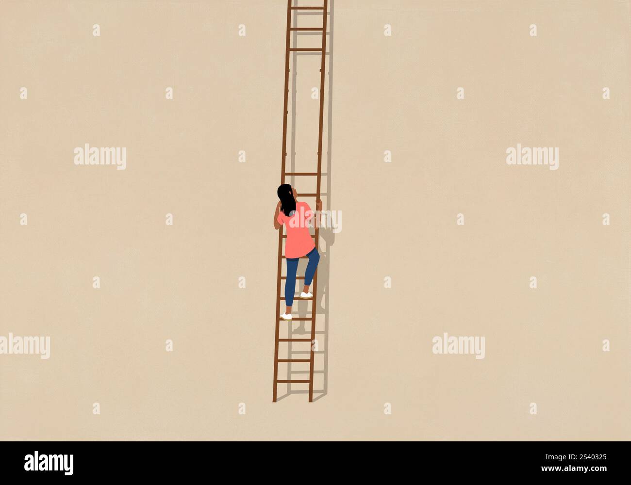 Woman climbing up ladder, looking up at missing rungs Stock Photo - Alamy