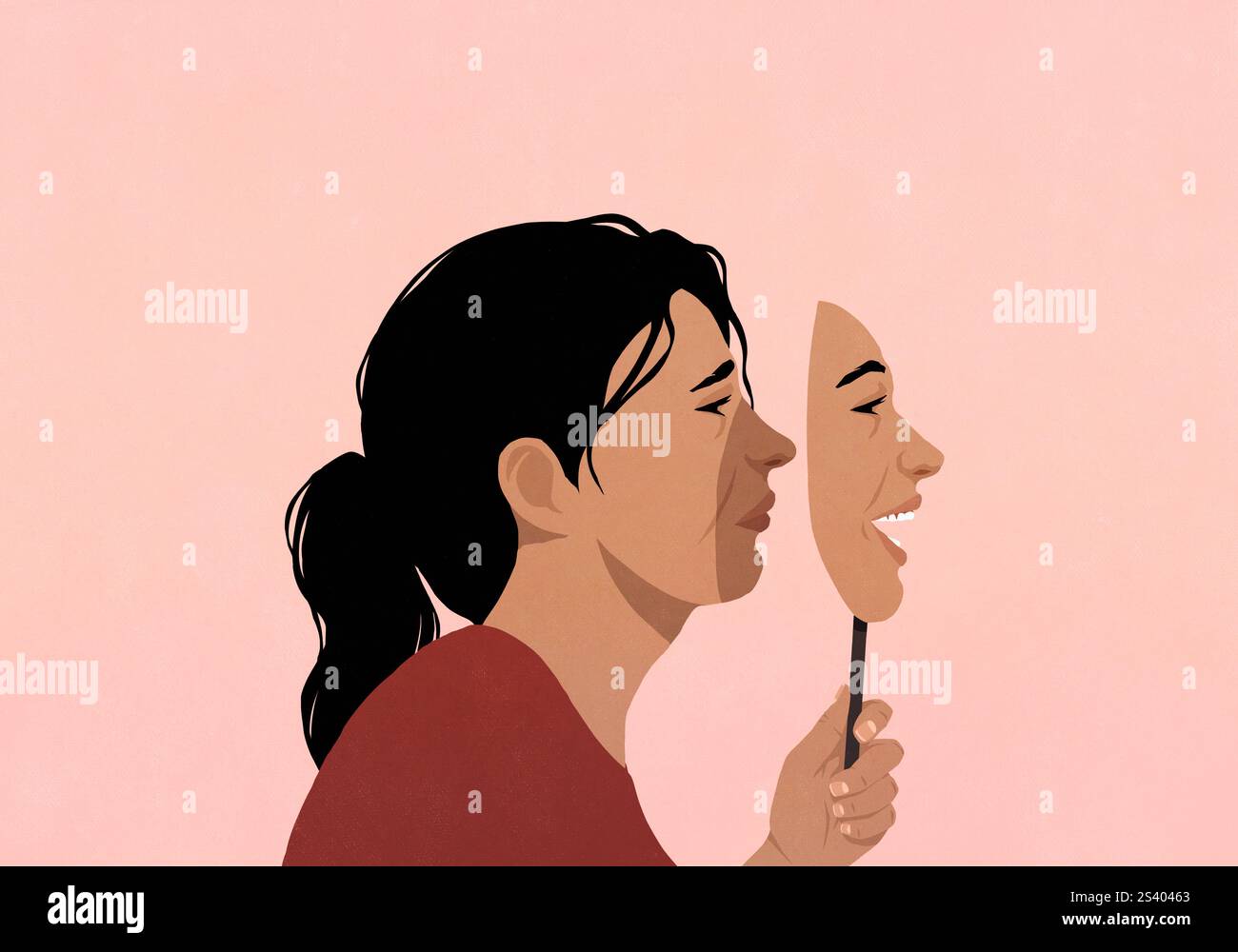 Sad woman hiding behind happy face mask Stock Photo - Alamy