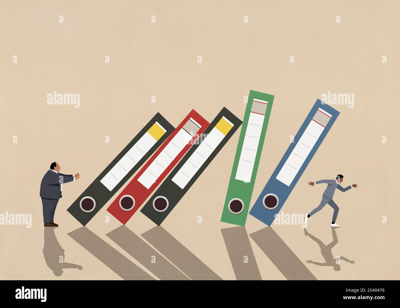 Boss pushing falling binders toward running businessman on beige ...