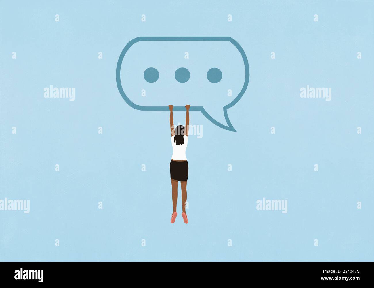 Young woman hanging from text message ellipsis on blue background Stock ...