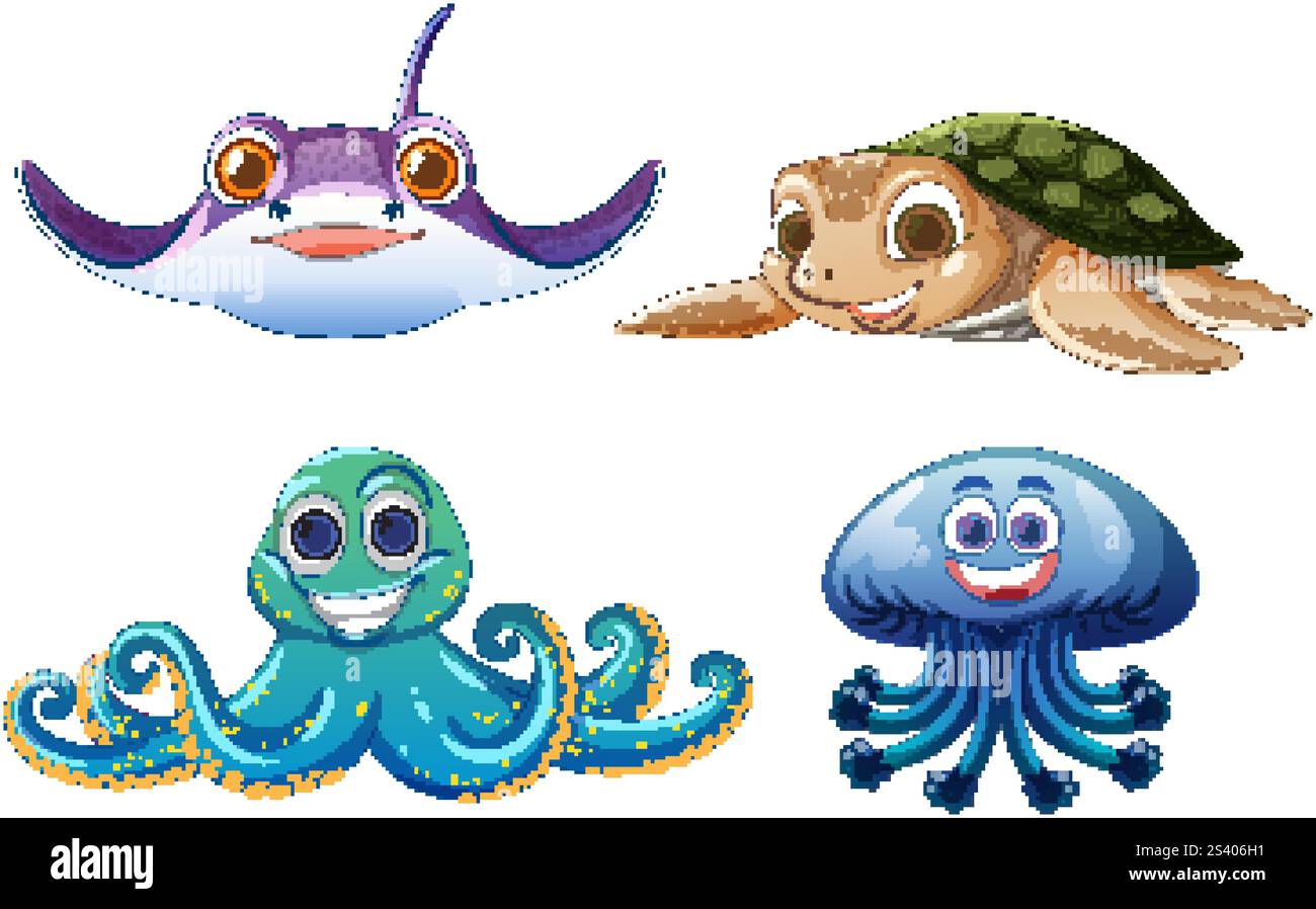 Smiling sea animals with vibrant colors and expressions Stock Vector ...