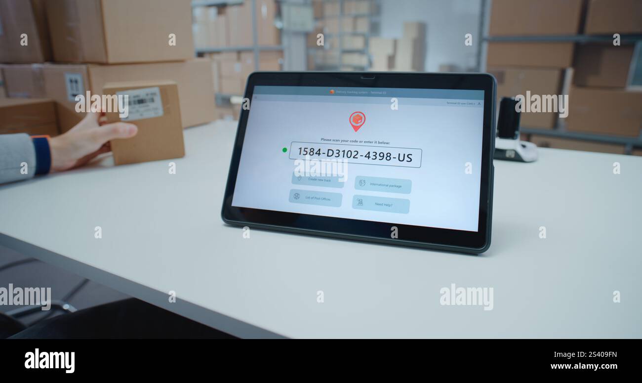 Postal Service Employee Scans Code on Cardboard Box with Barcode ...