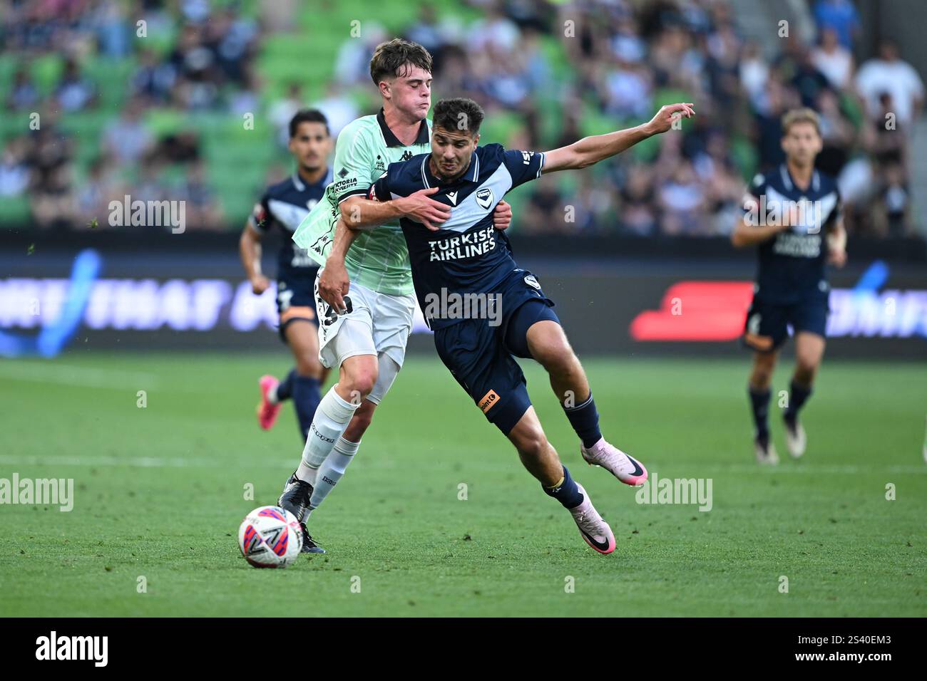 Melbourne, Australia. 10th Jan, 2025. Dylan Leonard of Western United (left) and Zinedine ...