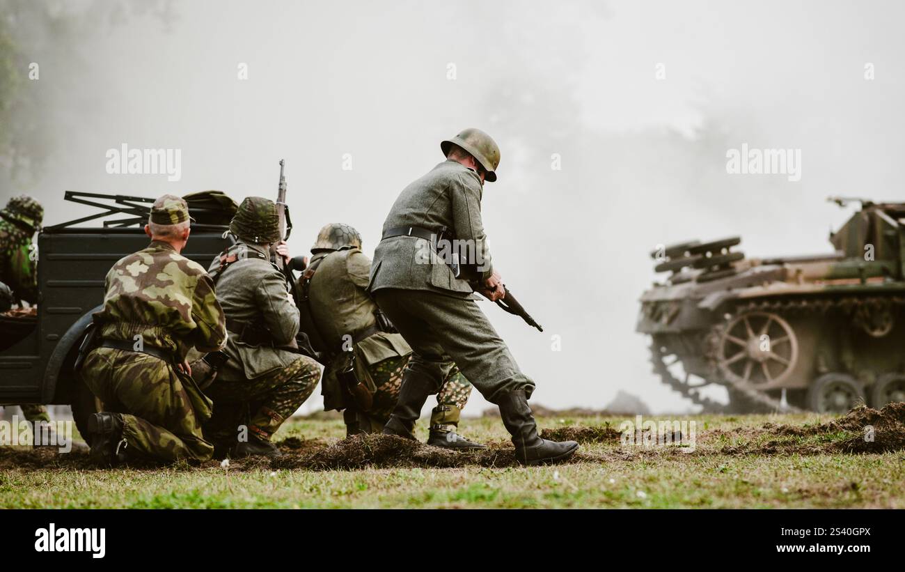 Historical reenactment of World War II, the fight between the Nazis and ...