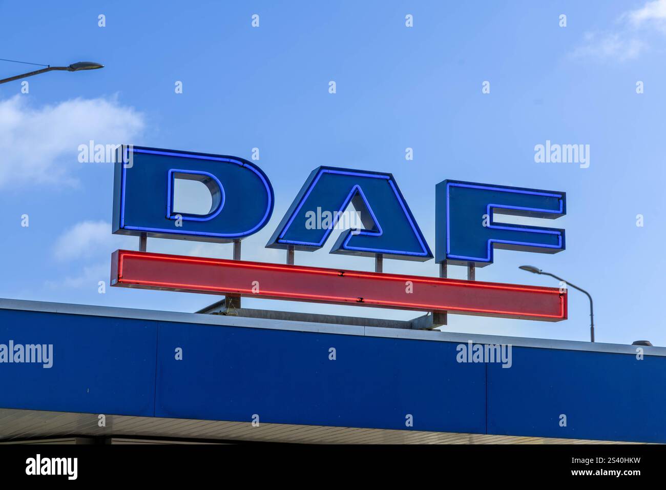Eindhoven, the Netherlands. 28 June 2024. DAF logo sign with neon at ...