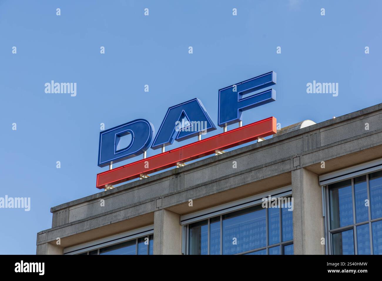 Eindhoven, the Netherlands. 28 June 2024. DAF logo sign with neon on ...