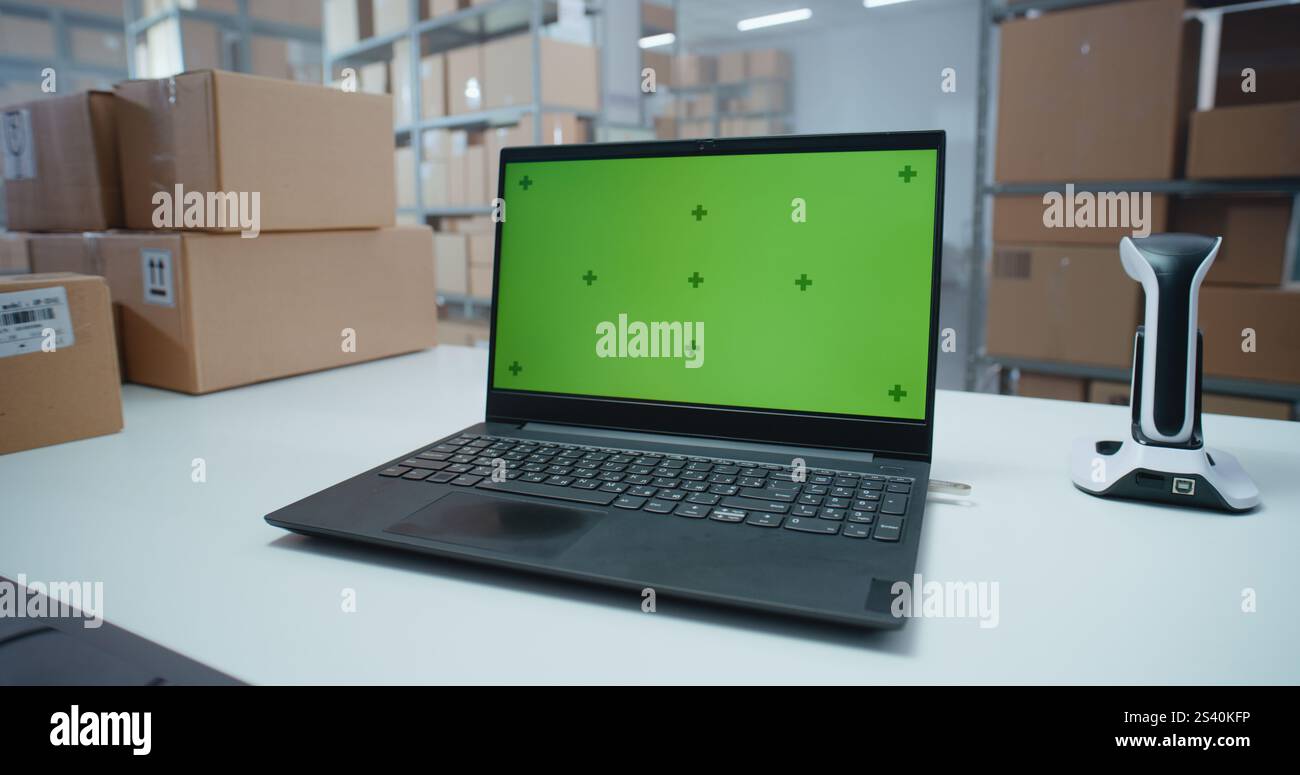 Postal Sorting Center: Laptop Screen Shows Green Screen Chroma Key ...