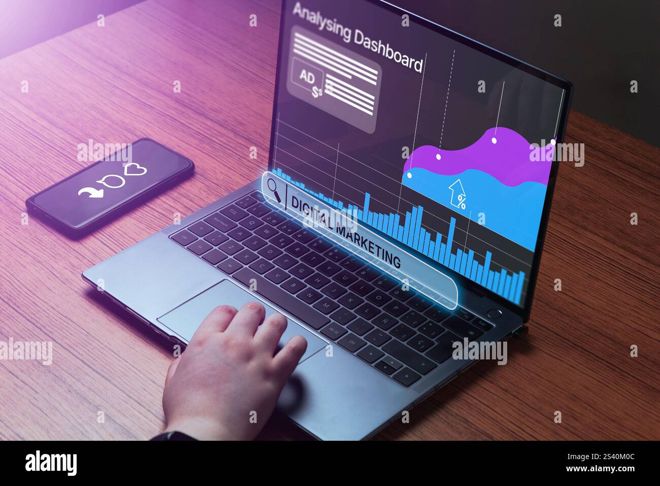 Analyst uses laptop and dashboard for data business analysis. Data Management System concept ...