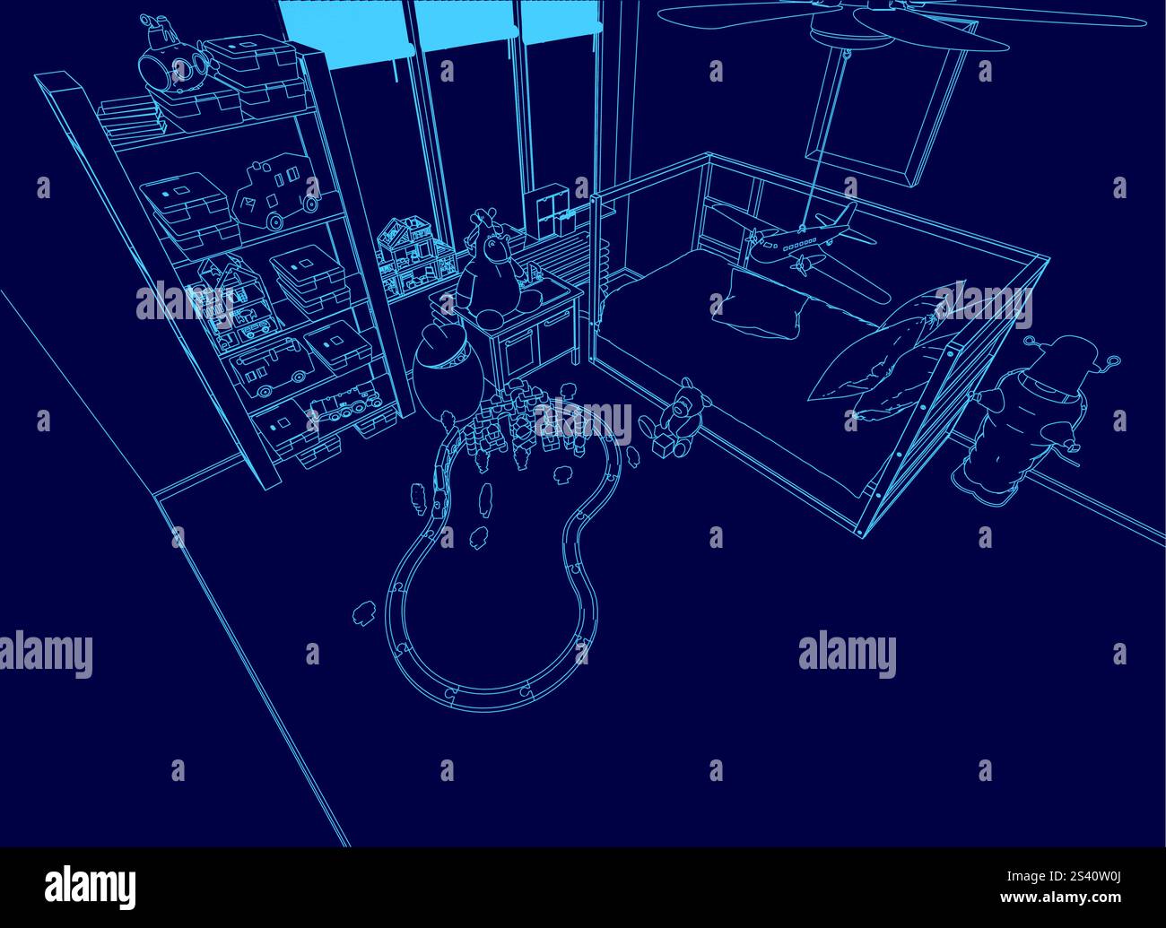 Blue drawing of a bedroom with a pool in the middle. The room is empty ...