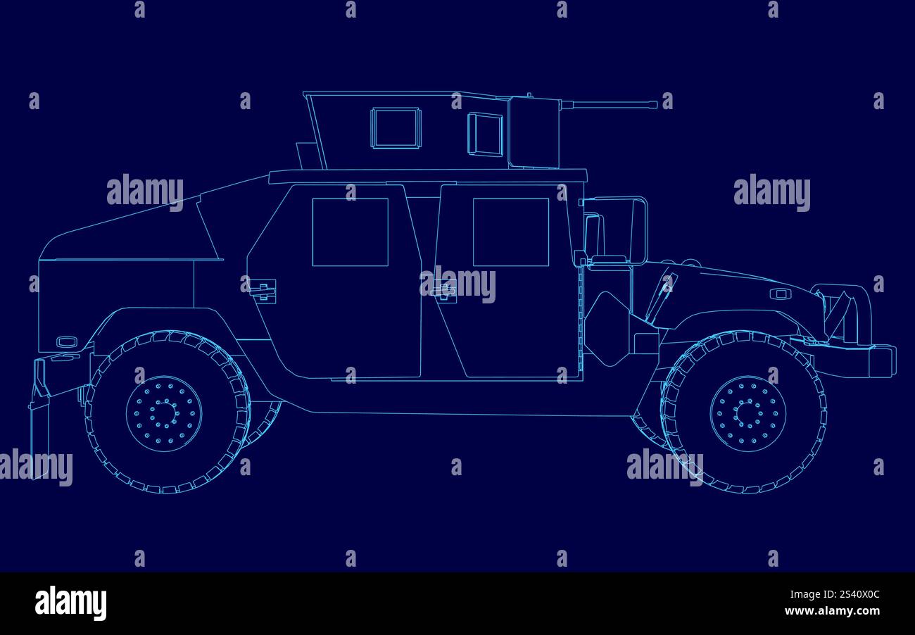 Blue drawing of a military vehicle. The vehicle is a Humvee and is ...