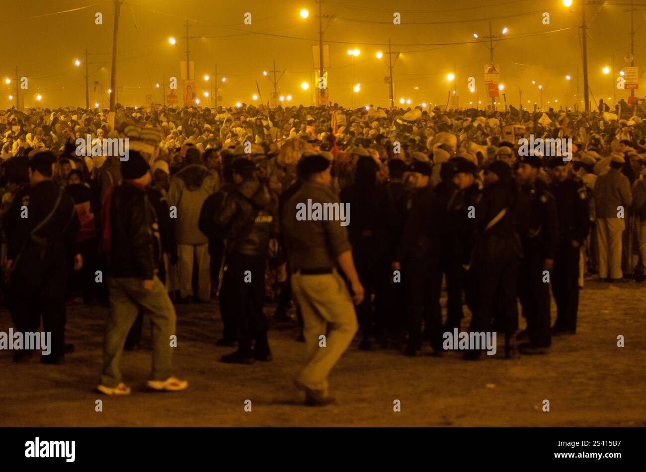 Crowd celebrating cultural festival at night with vibrant lights and ...
