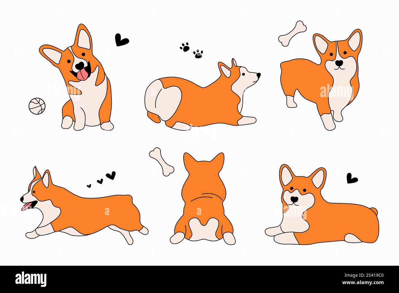 Corgi characters set. Cute cartoon puppies with different emotions ...