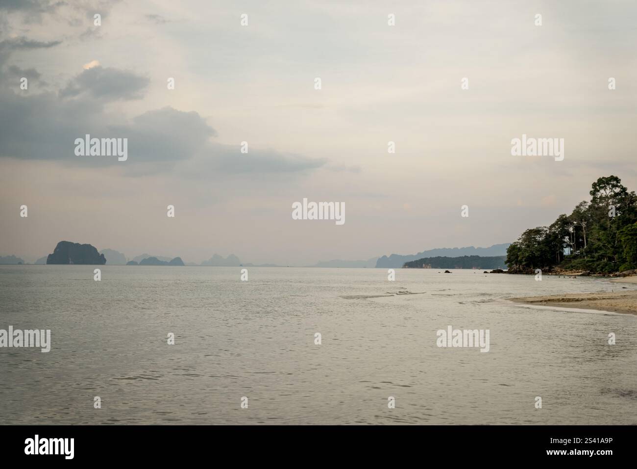 Quiet beach with trees and distant islands Stock Photo - Alamy