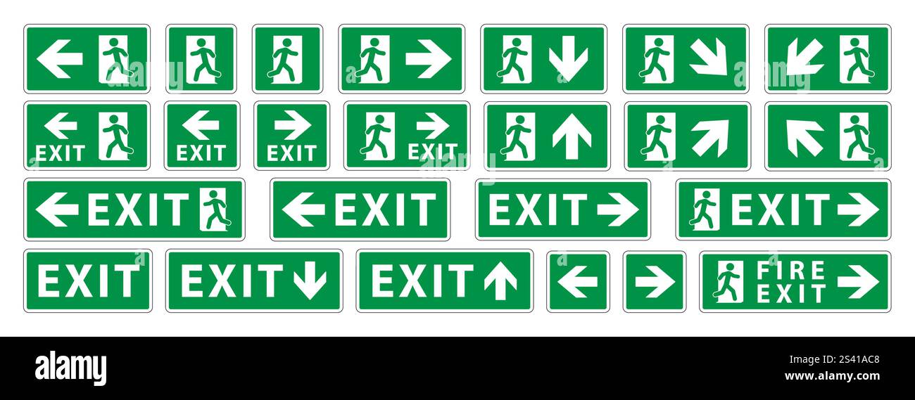 Emergency exit sign icon symbol set. Green Fire safety exit sign logo ...