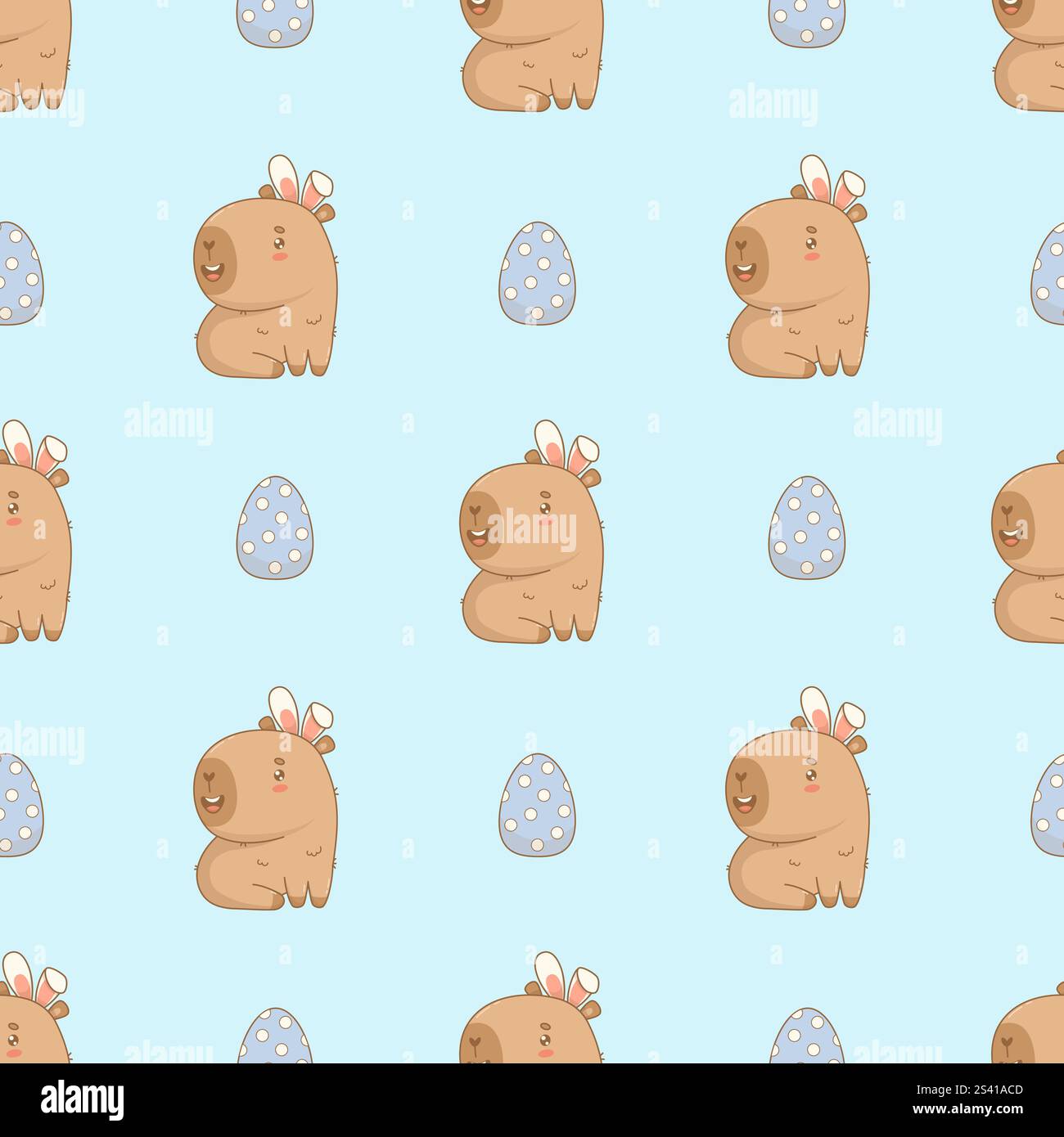 Easter Seamless pattern. Funny smiling capybara in bunny ears on blue ...