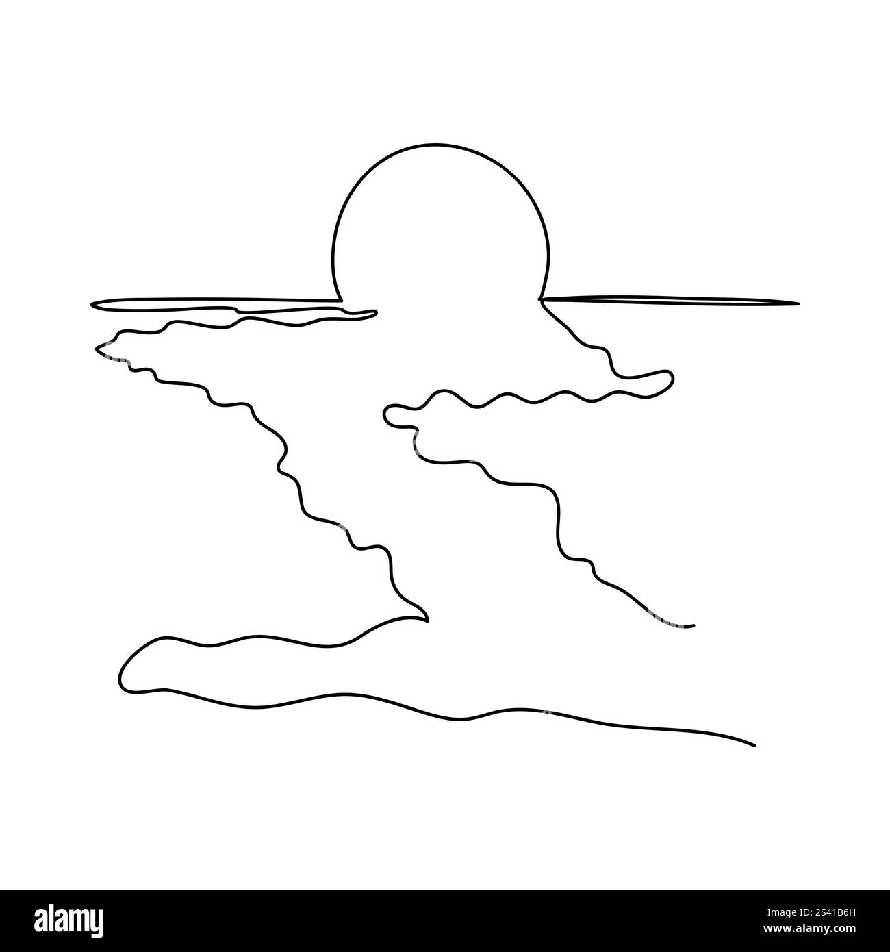 Sunset with cloud on sea ocean continuous one line drawing Sunrise one ...