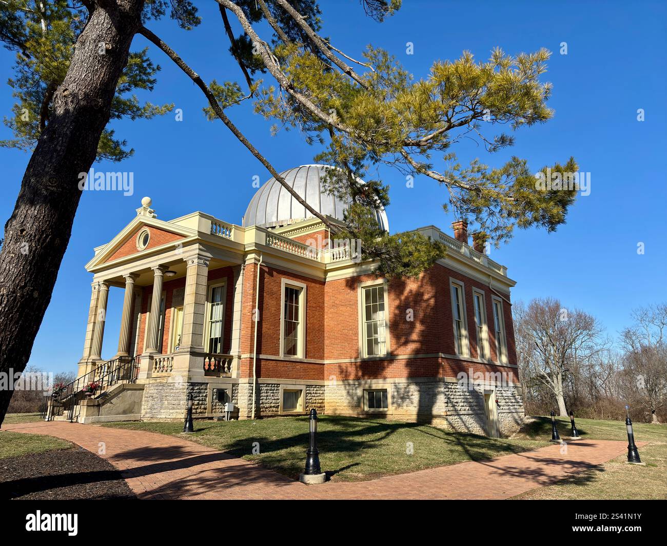 Historic Cincinnati Observatory brick building with dome and columns ...