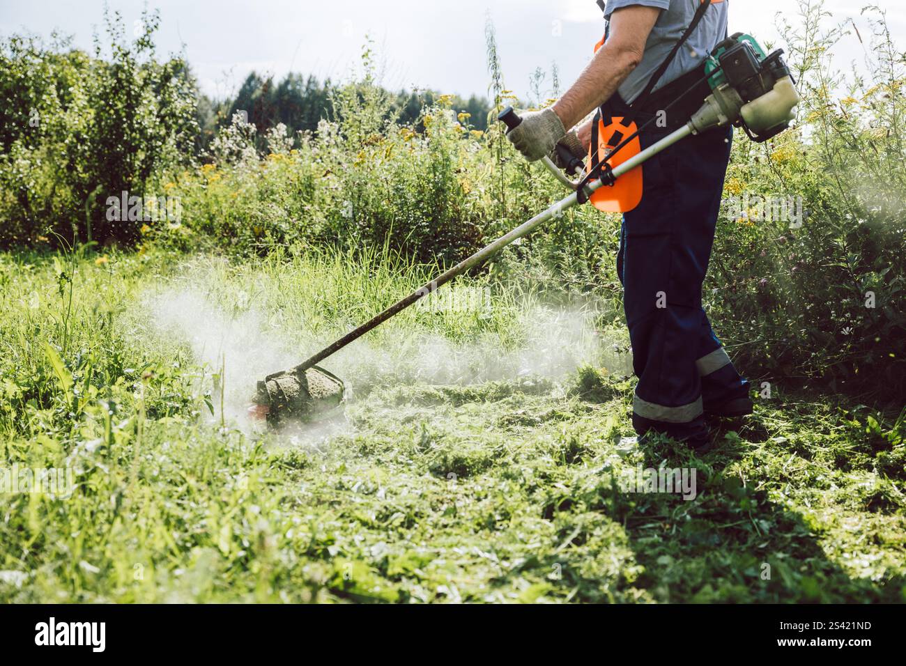 Low front view of man mowing lawn with hands on mower Stock Photo - Alamy