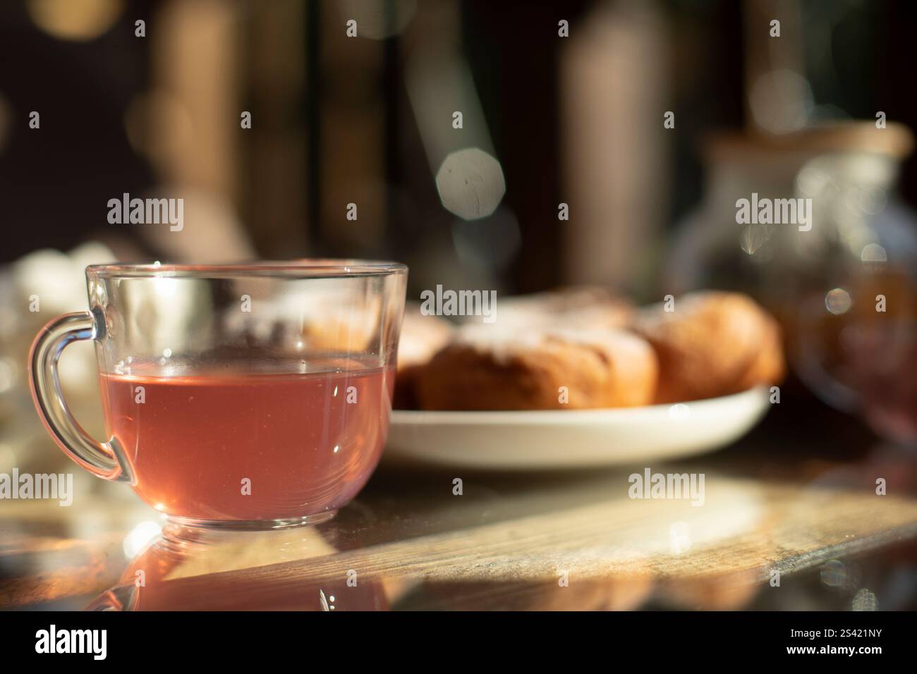 Cup of fruit tea on table. Tea in morning. Delicious food. Table ...