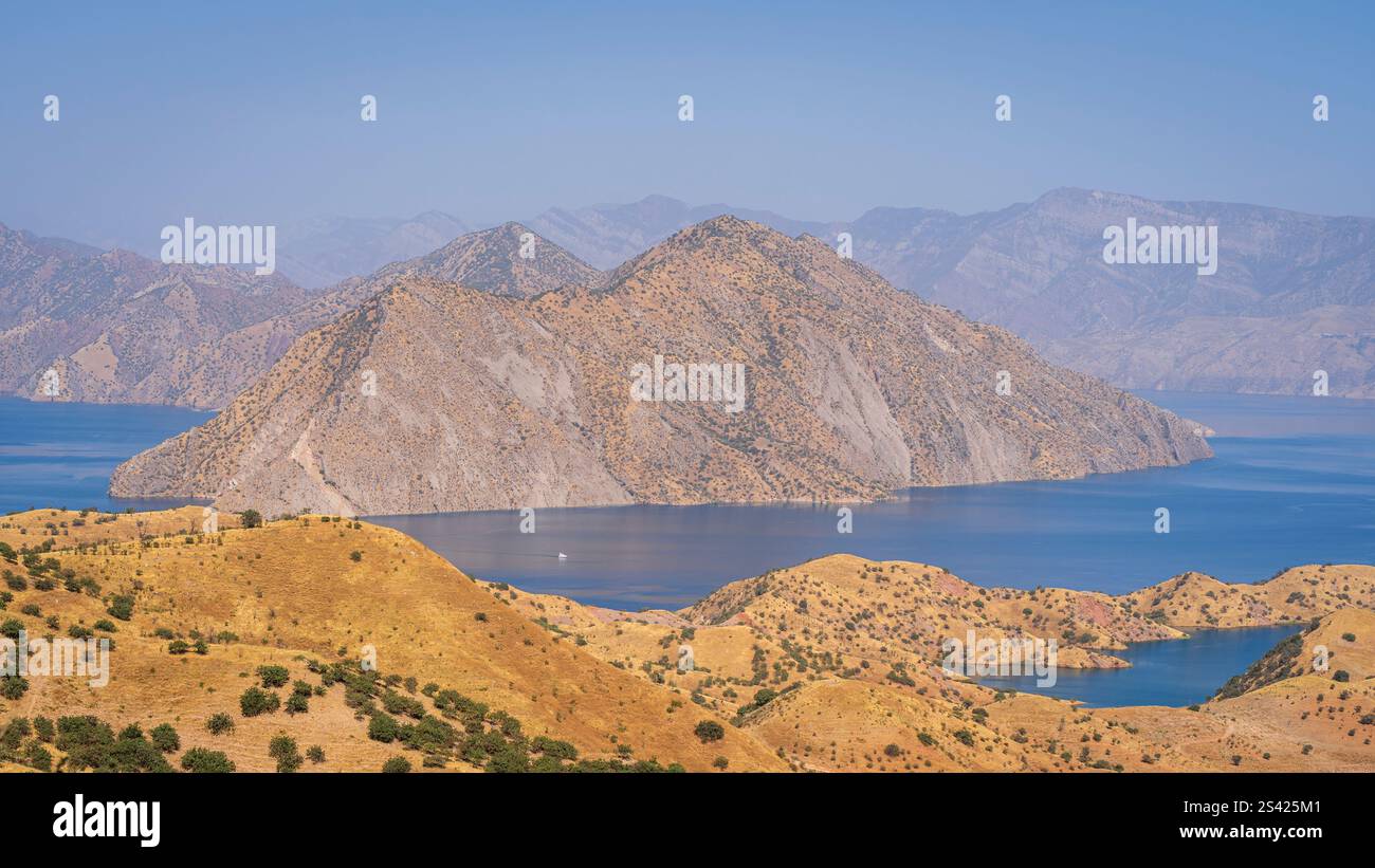 Scenic mountain landscape view of Nurek dam lake on Vakhsh river ...