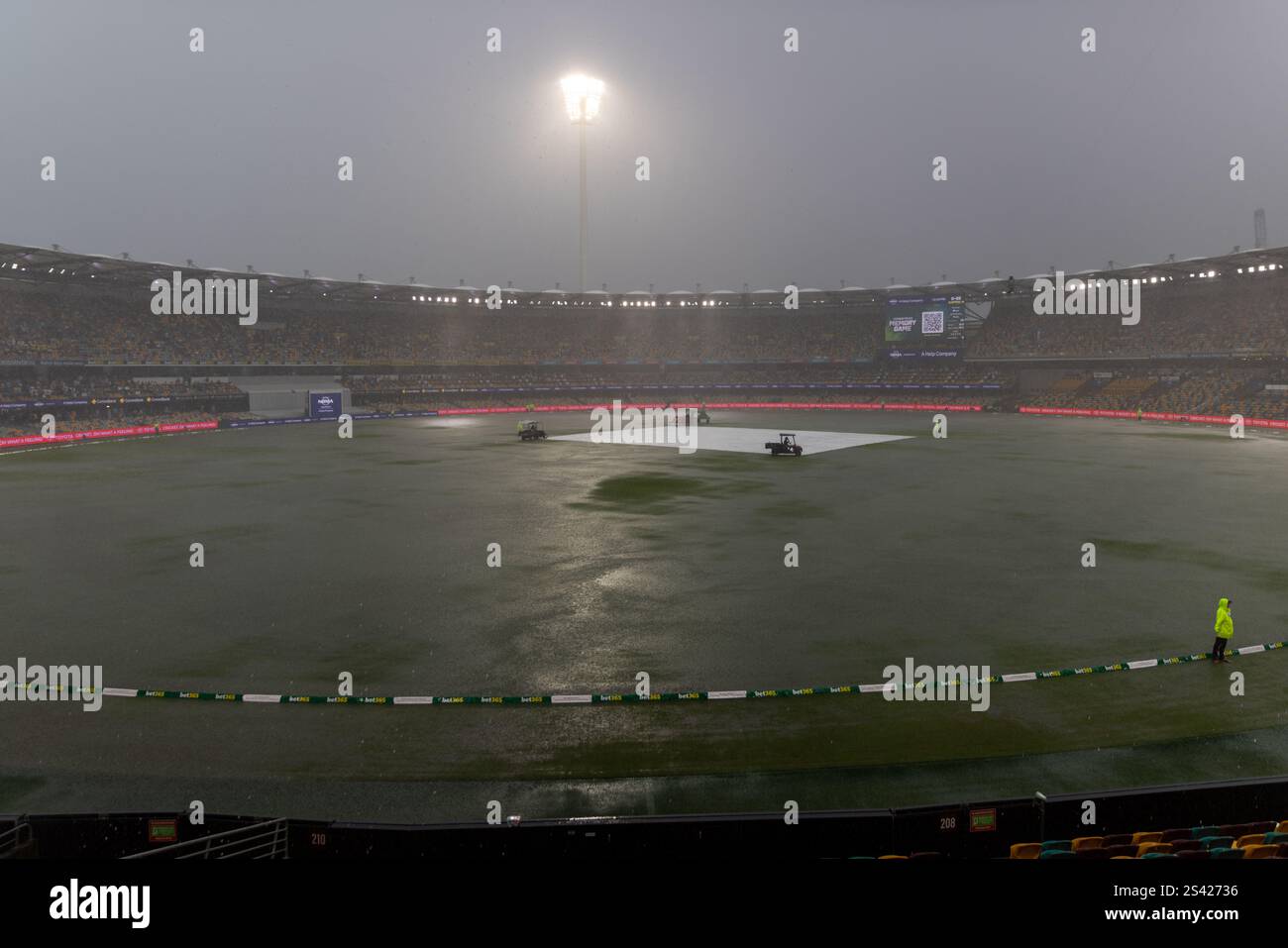 Cricket Rain Delay at The Gabba - Heavy Rain and Covered Pitch Stock ...