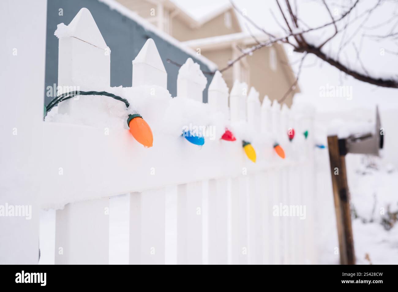 Christmas lights on snow-covered picket fence Stock Photo - Alamy