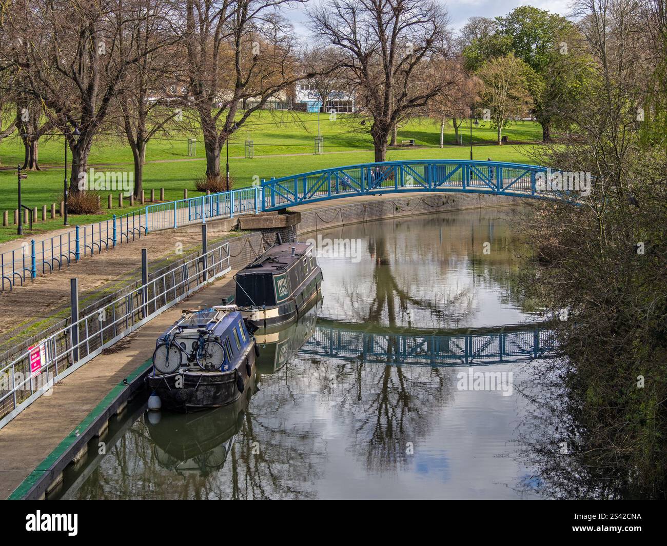 The River Nene flowing trough Beckets Park, Northampton, UK; with blue pedestrian bridge and ...