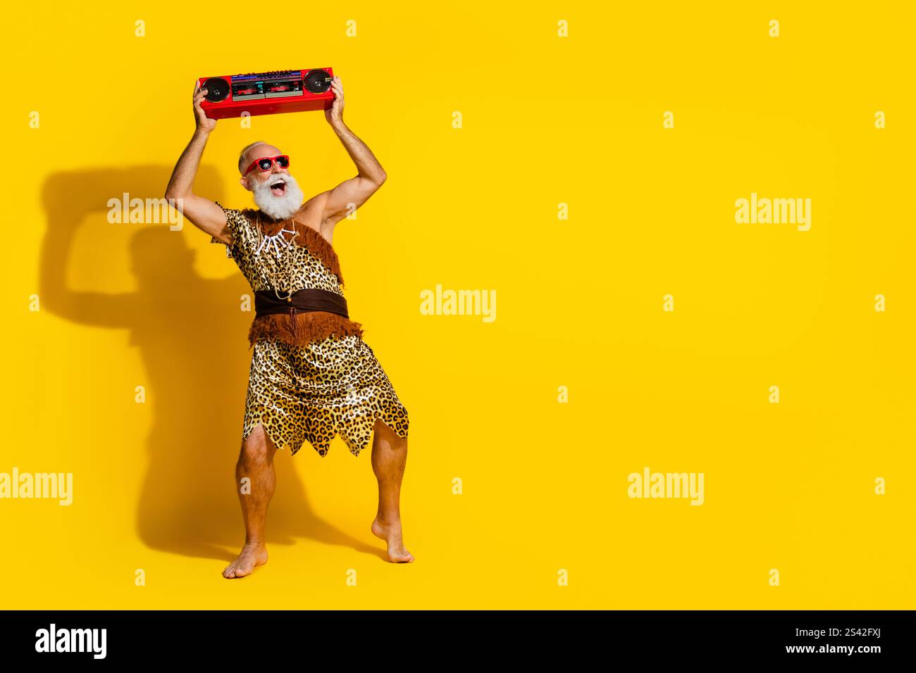 Full size photo of ancient aged caveman boombox empty space wear ...