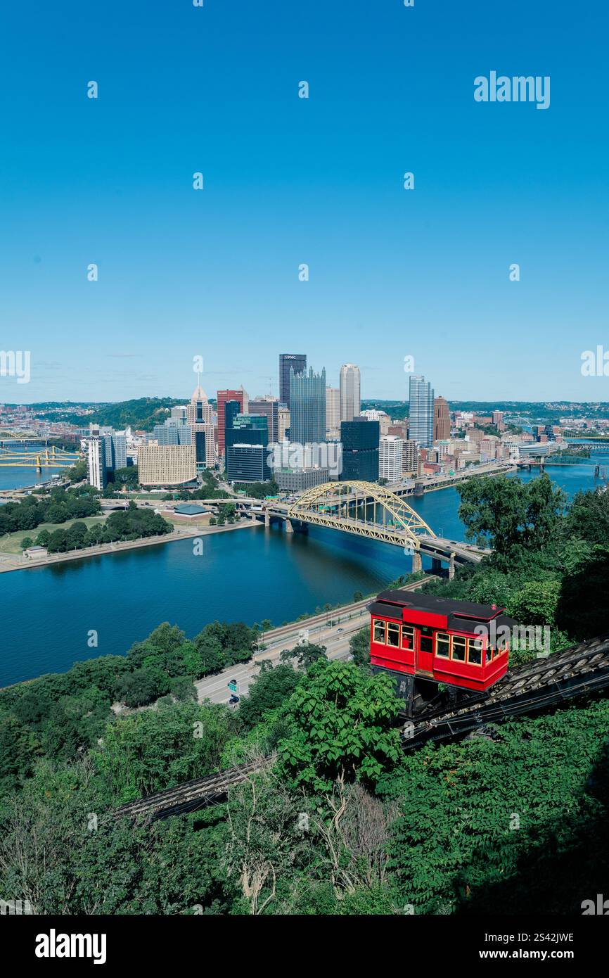 Pittsburgh skyline with Duquesne Incline and gold bridges over rivers ...