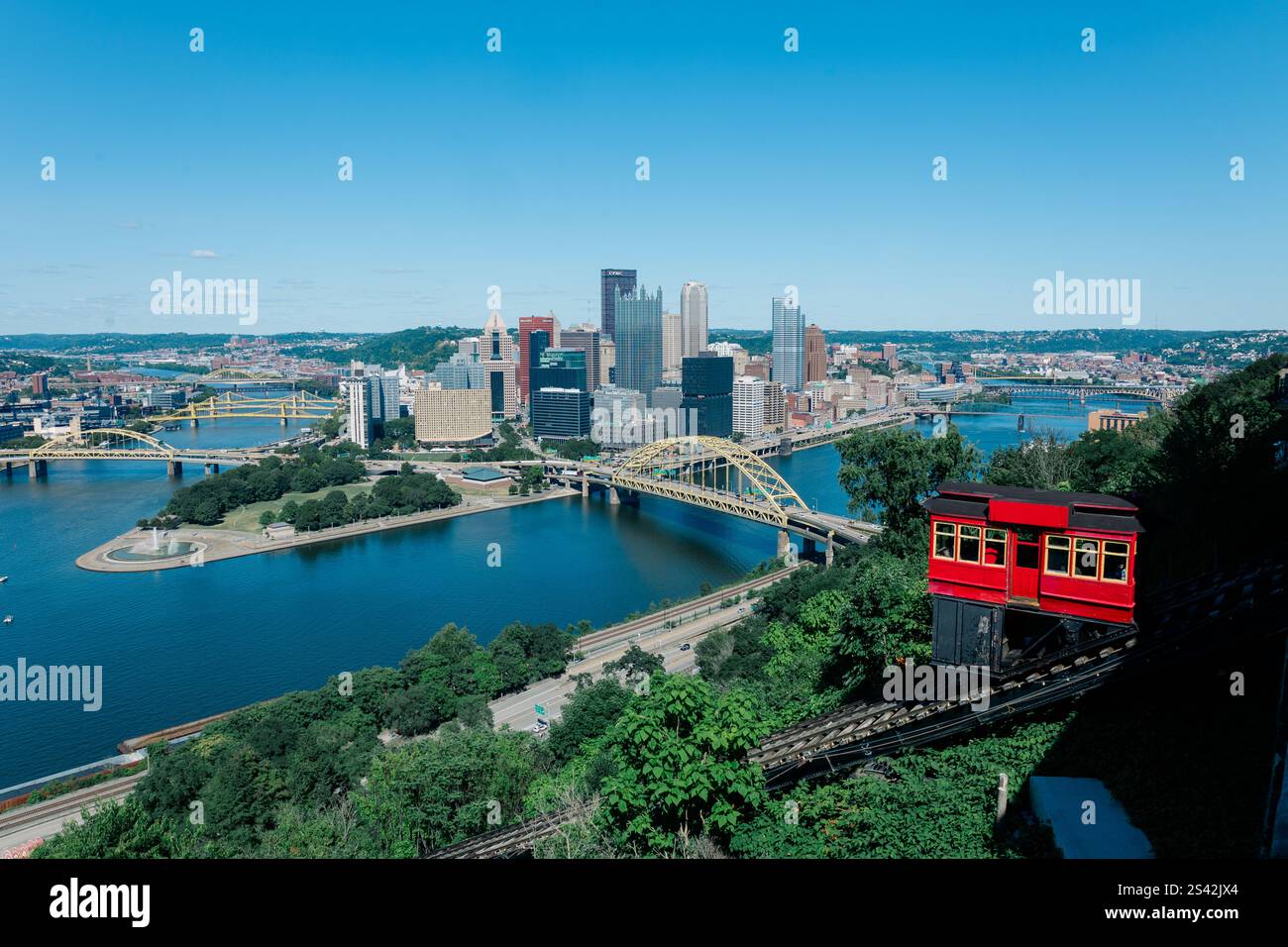 Pittsburgh skyline with Duquesne Incline and gold bridges over rivers ...