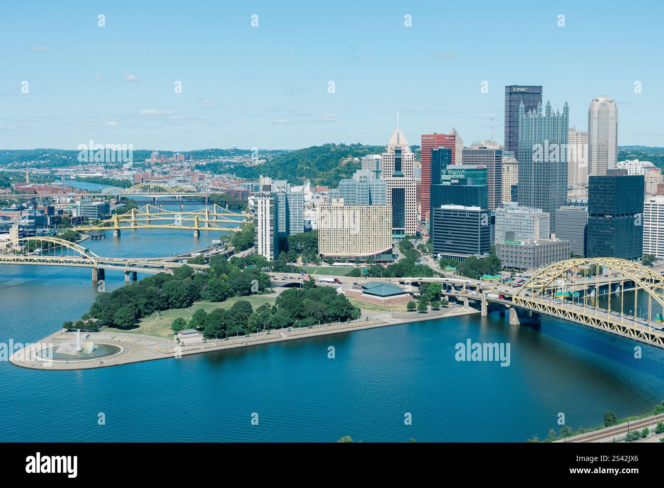 Pittsburgh skyline with golden bridges and Point State Park fountain ...